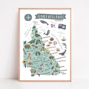 Queensland Map Print | Illustrated Australia Travel Poster | Cute QLD ...