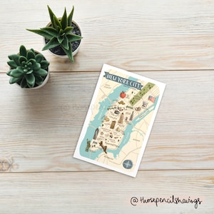 New York City Map Postcard: Illustrated NYC Landmarks Travel Souvenir ...