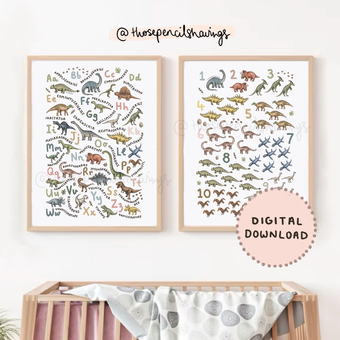 Dinosaur Alphabet & Numbers Poster Set: Dino Nursery Decor (digital ...