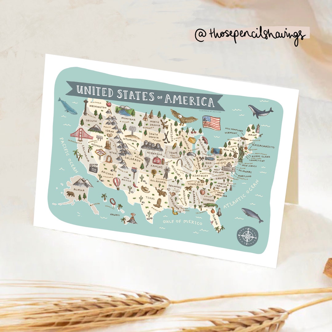 Map of USA Greeting Card Cute Illustrated United States Map Card ...