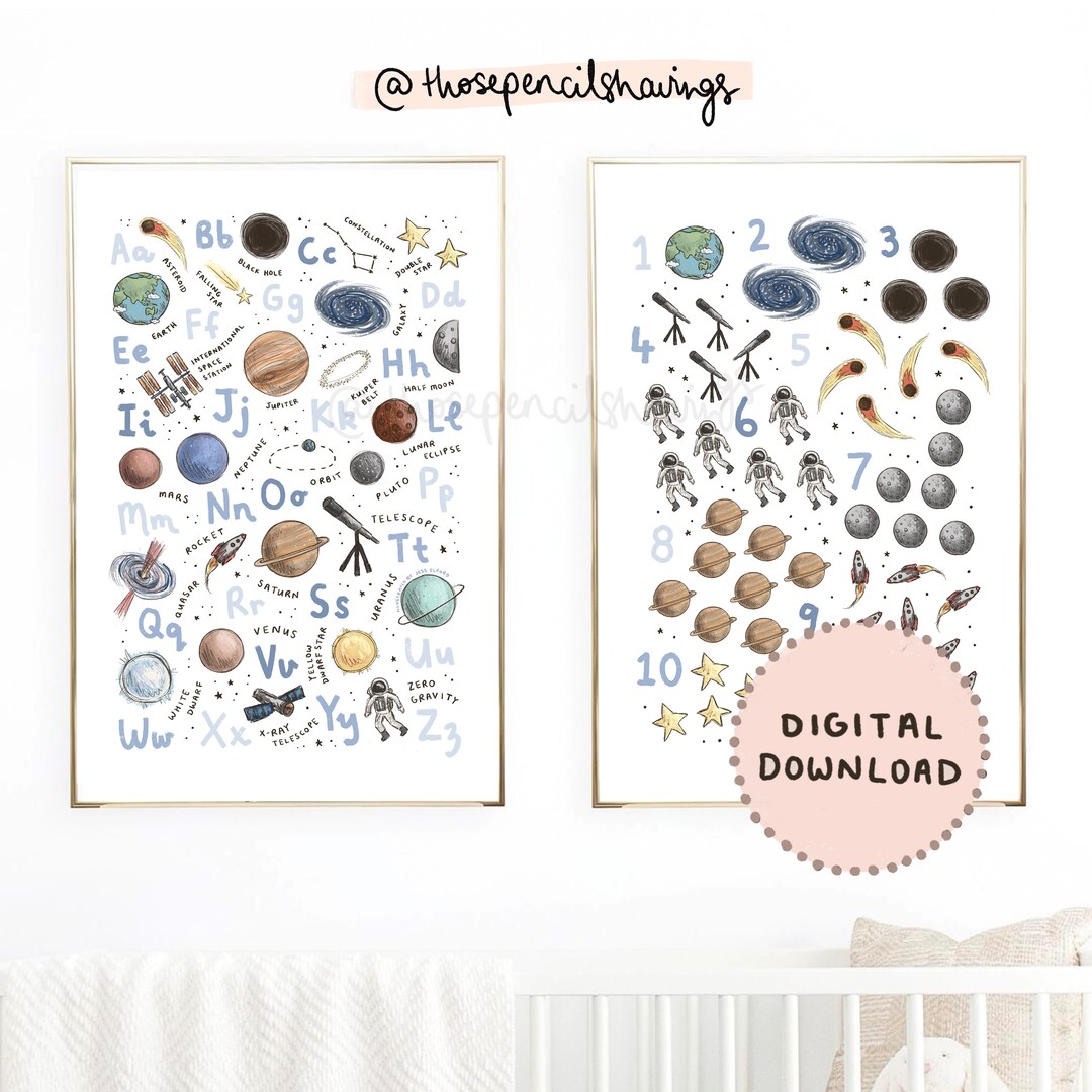 DIGITAL DOWNLOAD Space Alphabet and Numbers Print Outer Space ABC 123 ...