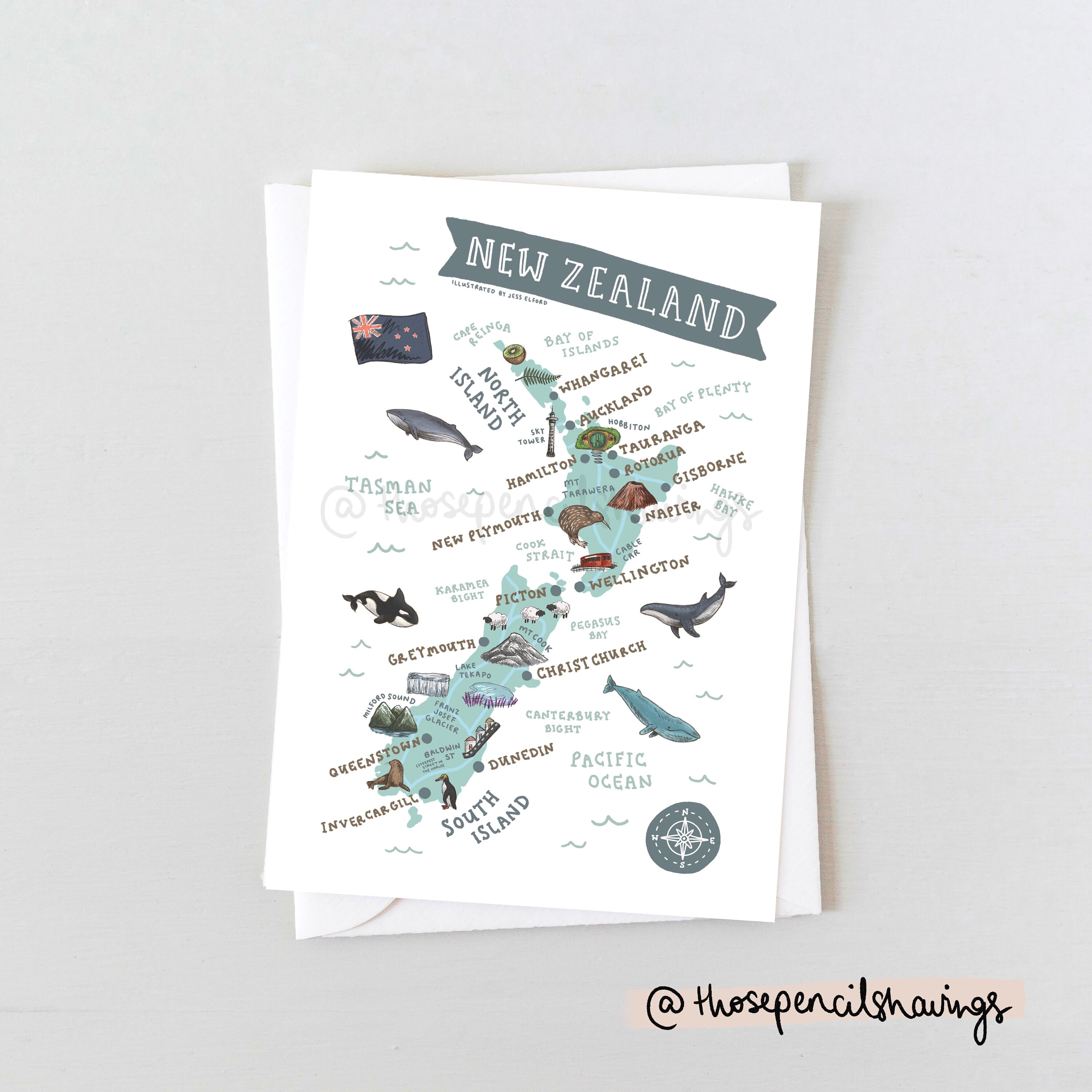 Map of New Zealand Greeting Card Cute Illustrated NZ Map Kiwiana ...