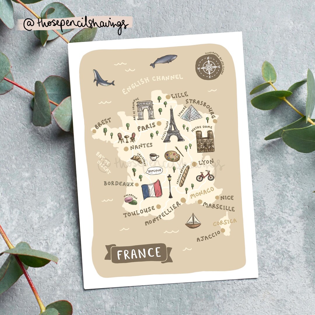 France Map Postcard: Illustrated French Travel Souvenir - Etsy