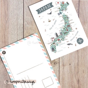 Map of Japan Postcard Cute Illustrated Japan Map Mini Print Japanese ...