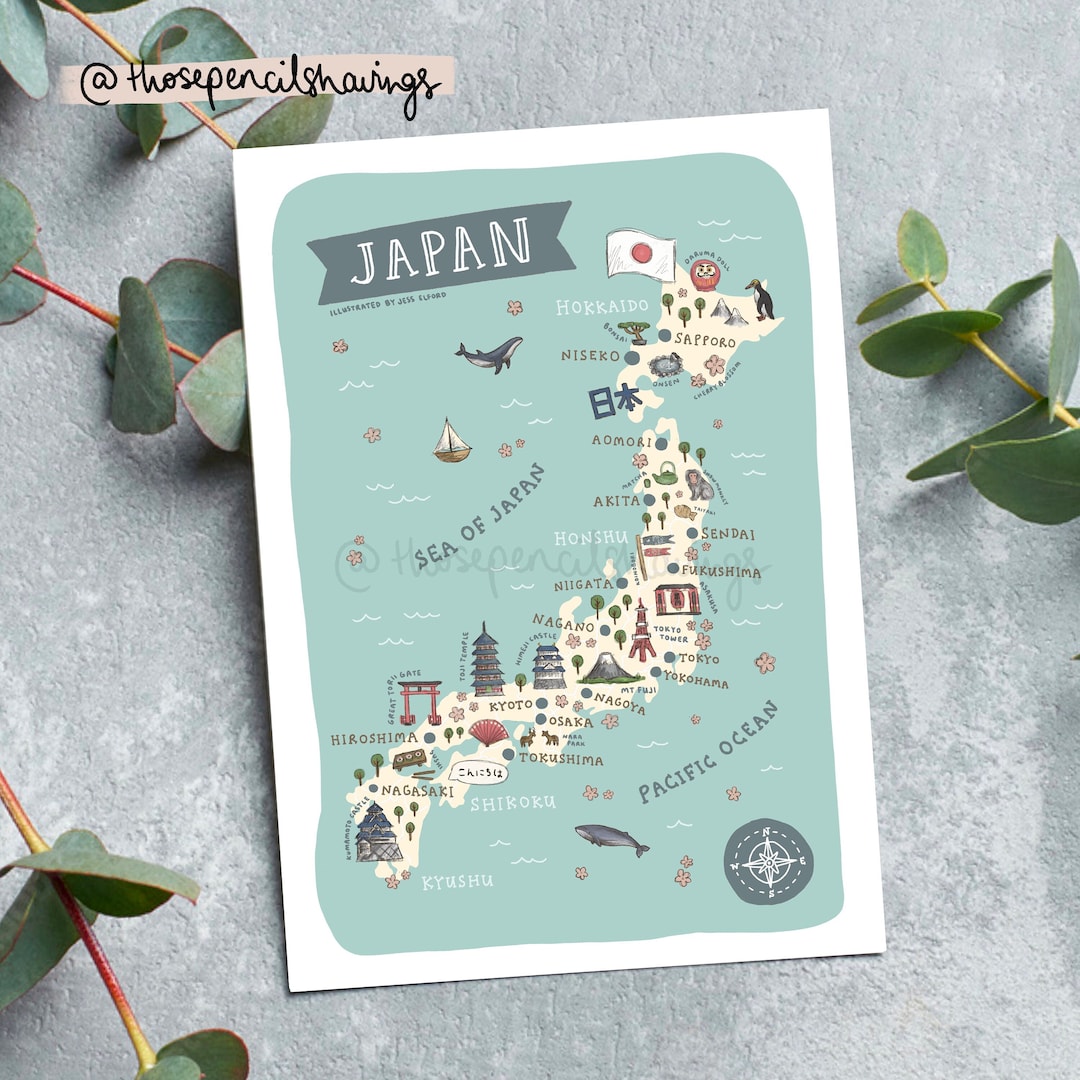 Map of Japan Postcard Cute Illustrated Japan Map Mini Print Japanese ...