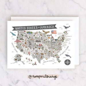 Map of USA Greeting Card Cute Illustrated United States Map Card ...