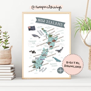 DIGITAL DOWNLOAD Map of New Zealand Cute Illustrated NZ Map Landmarks ...