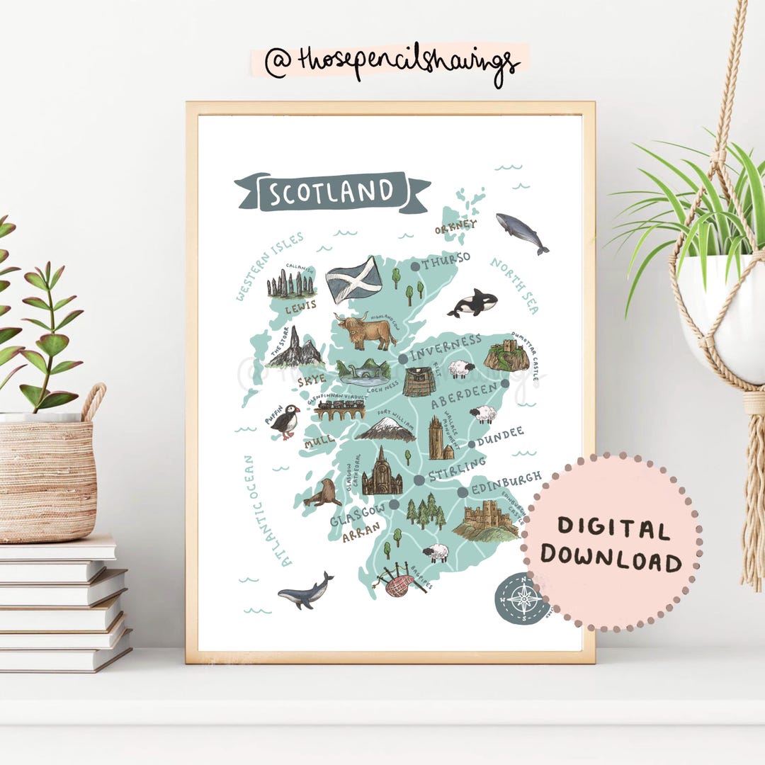 DIGITAL DOWNLOAD | Map of Scotland | Illustrated Scottish Map Print ...