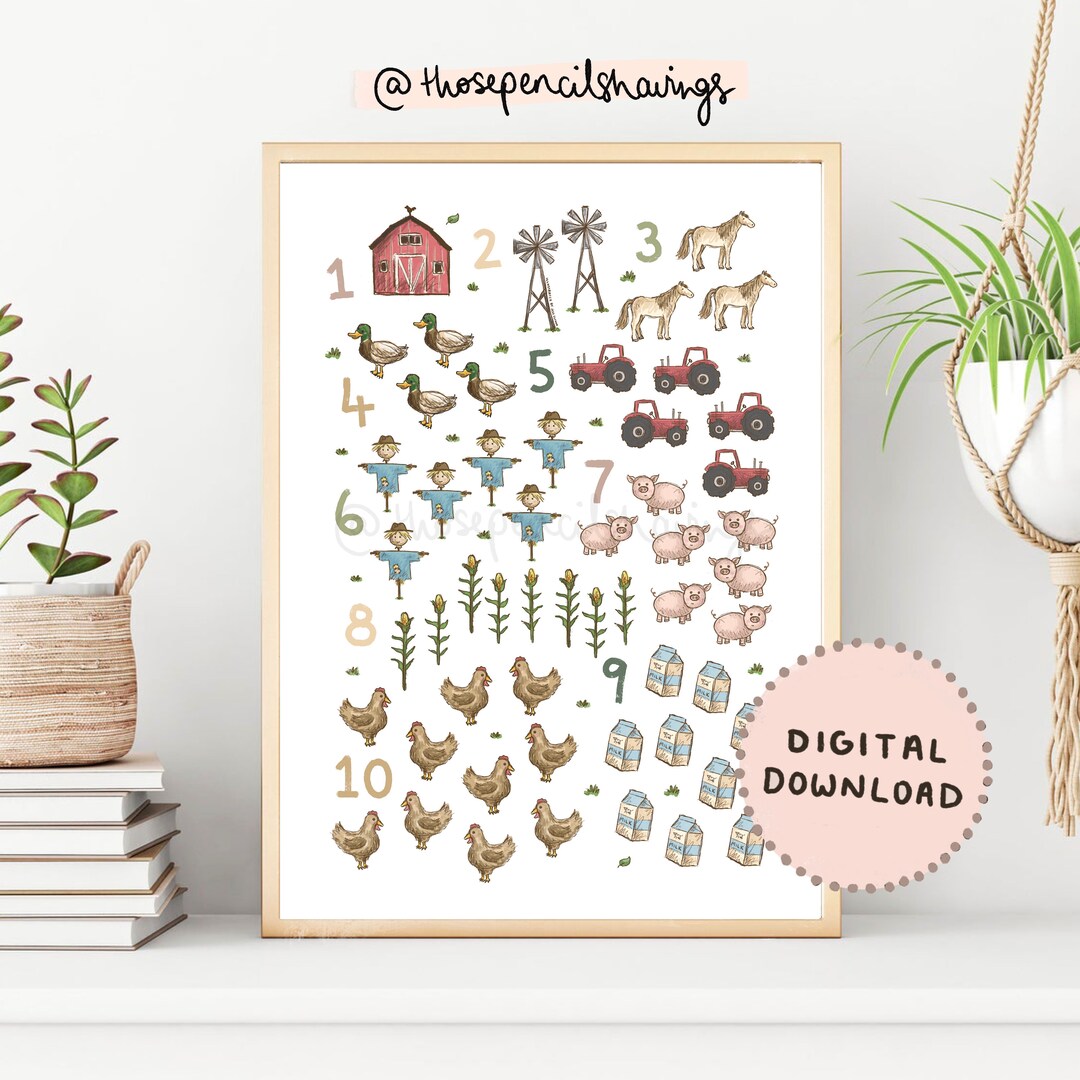 DIGITAL DOWNLOAD | Farm Numbers Print | Illustrated 1-10 Farm Animals ...