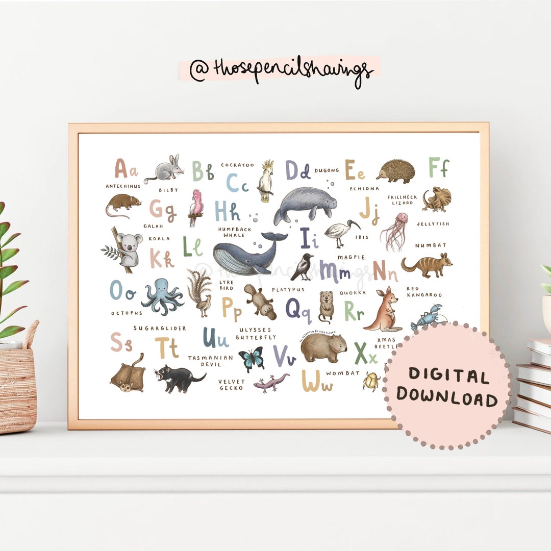 Australian Animals Alphabet Landscape Print Illustrated ABC Poster A-Z ...