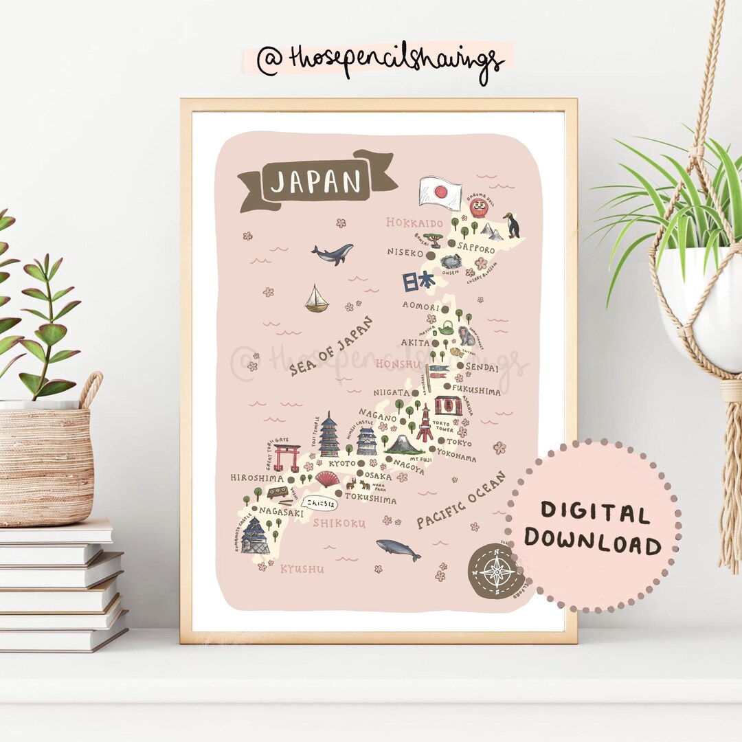 DIGITAL DOWNLOAD Map of Japan Cute Illustrated Japan Map Travel Map Gift Educational Print ...