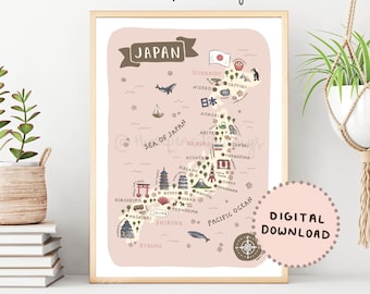 Illustrated Map of Japan Art Print Poster Travel Map Digital Download ...