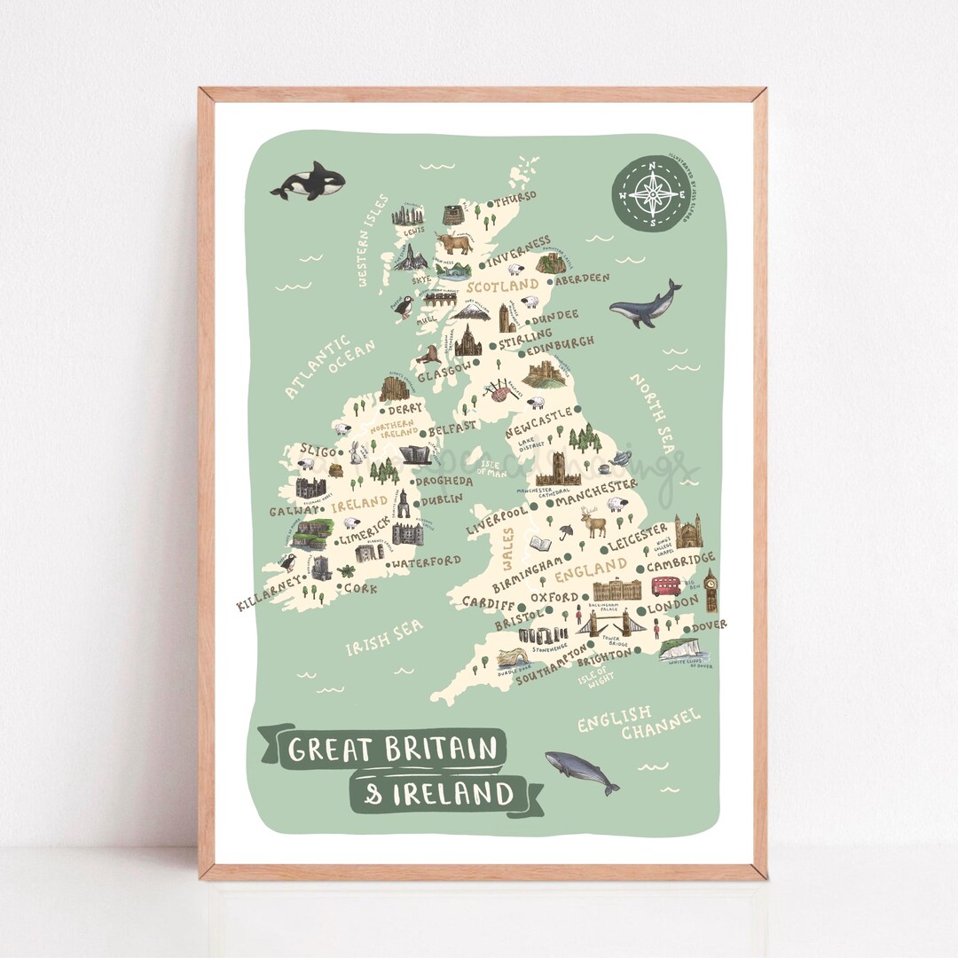 UK & Ireland Map Print | Illustrated Travel Poster - Etsy