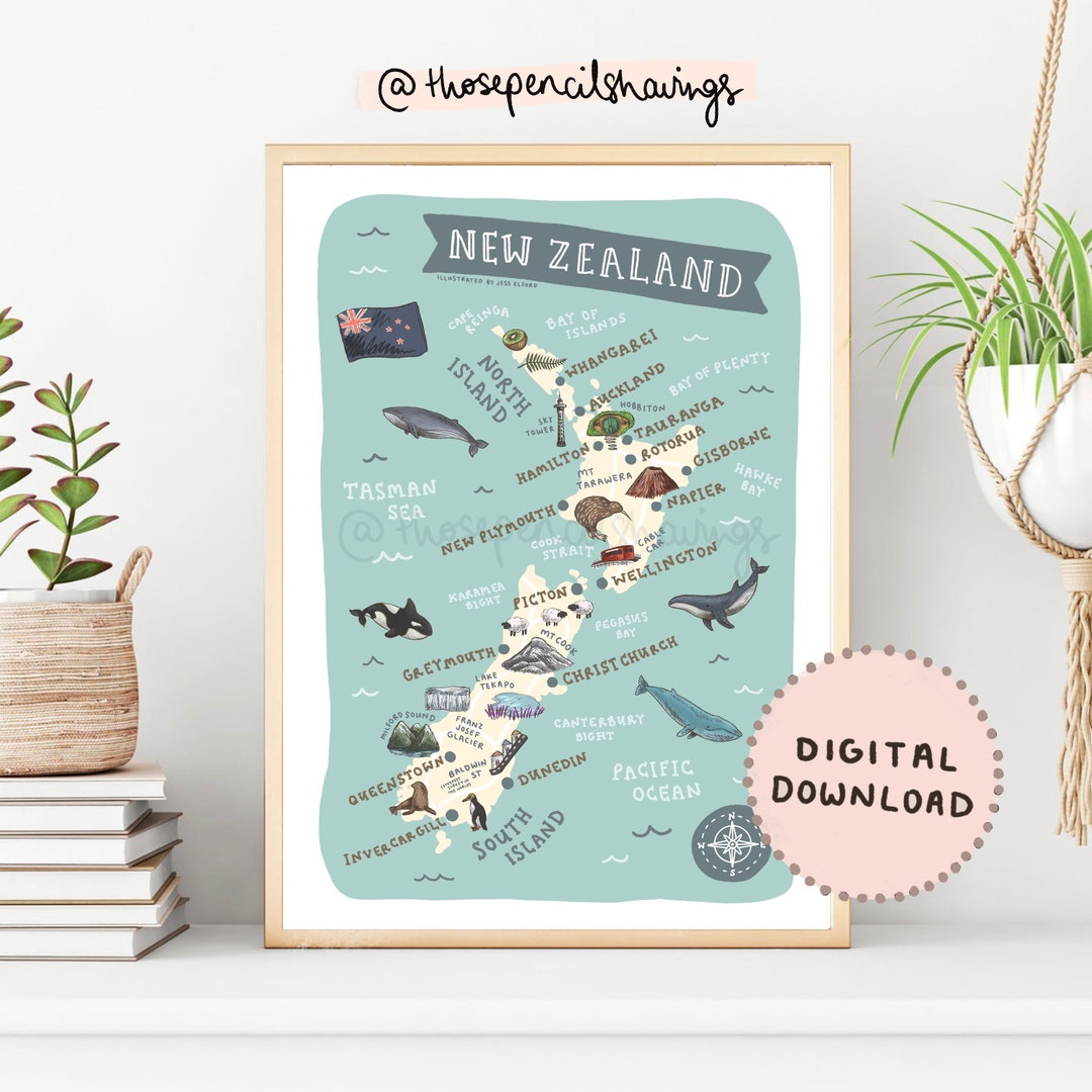 DIGITAL DOWNLOAD Map of New Zealand Cute Illustrated NZ Map Landmarks ...