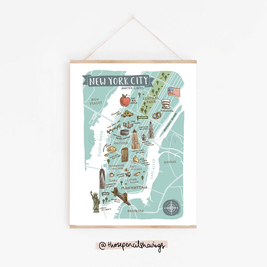 New York City Map Art Print | Illustrated NYC Travel Poster | Cute ...