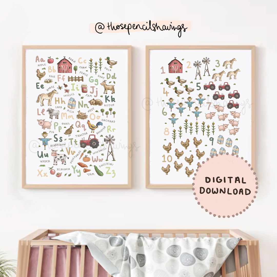 Farm Animal Alphabet & Numbers Poster Set: Nursery Classroom Art ...