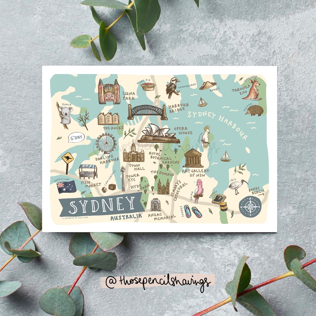 Map of Sydney Postcard Cute Illustrated Australia Map Aussie Animals ...
