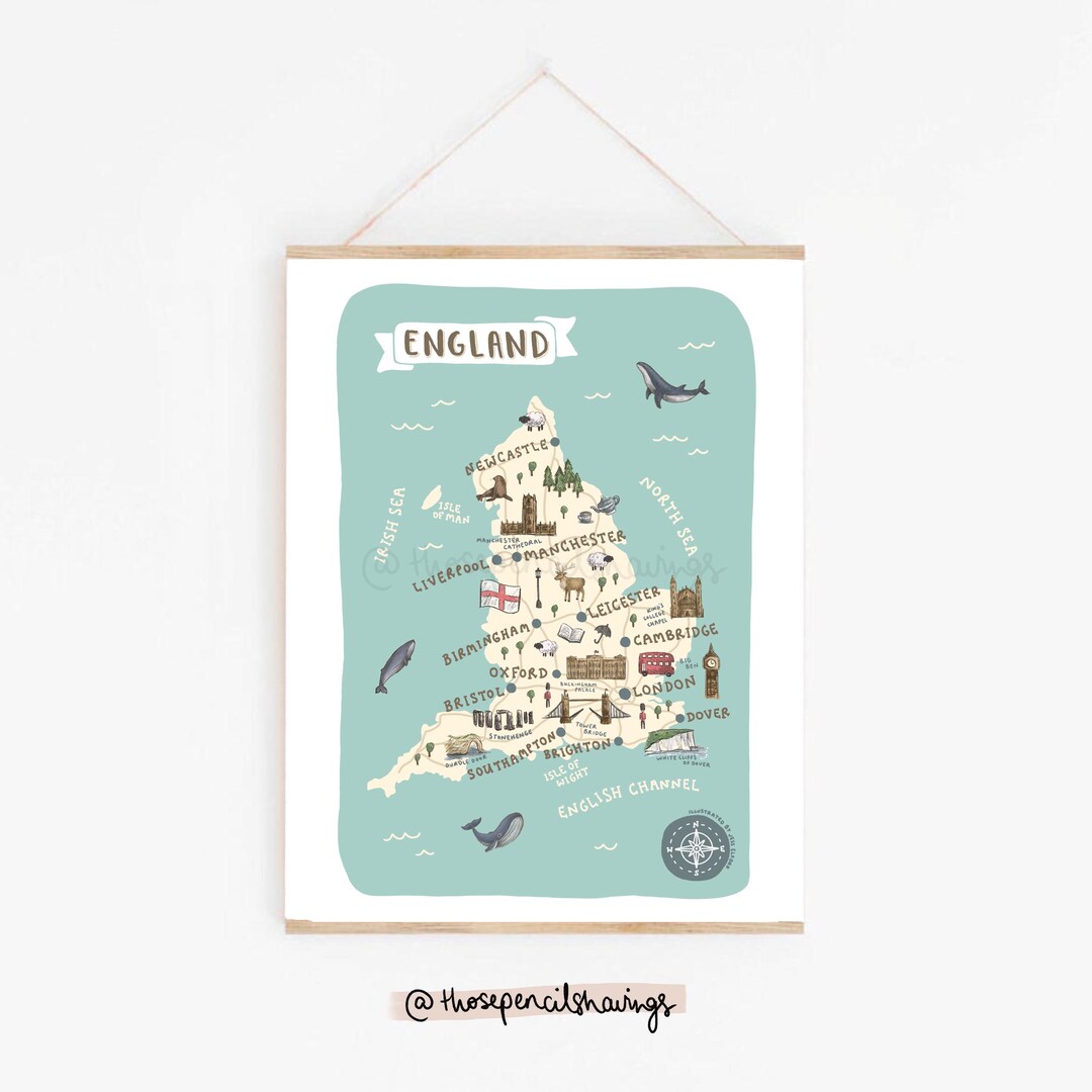 England Map Poster | Illustrated British Travel Print | Cute Landmarks ...