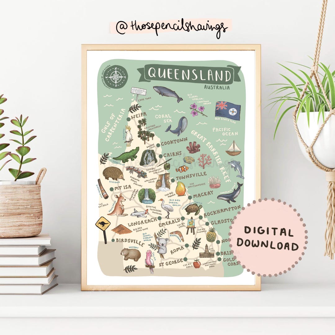 DIGITAL DOWNLOAD | Map of Queensland | Illustrated Australia Map Print ...