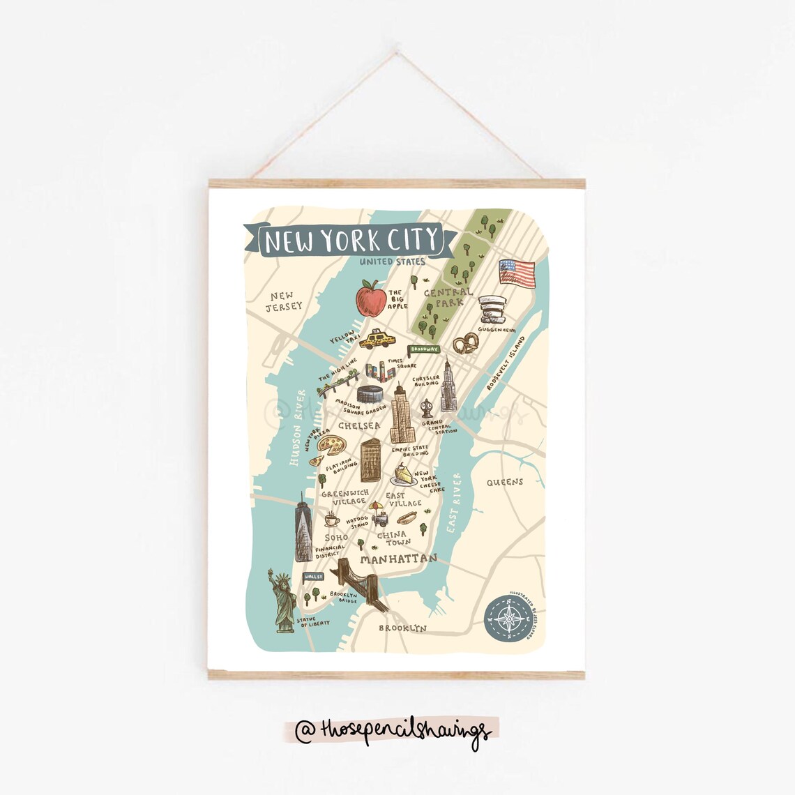 Illustrated New York City Map Art Print: NYC Landmarks (digital ...