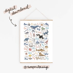 Ocean Alphabet Print Cute Sea Life ABC Poster A-Z Marine Animals ...