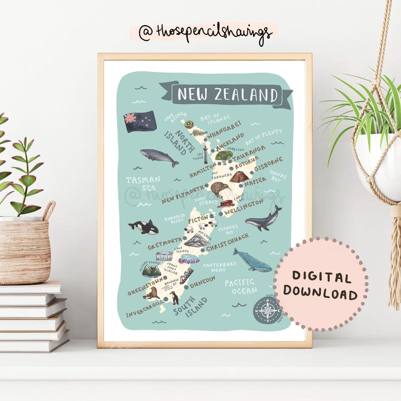 New Zealand Map Print: Illustrated NZ Landmarks & Animals (digital ...