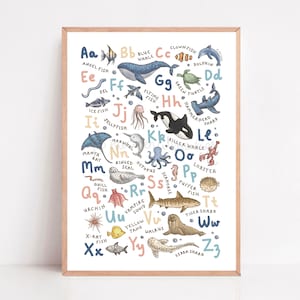Ocean Alphabet Print Cute Sea Life ABC Poster A-Z Marine Animals ...