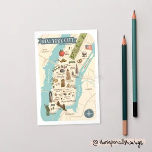 New York City Map Postcard: Illustrated NYC Landmarks Travel Souvenir ...
