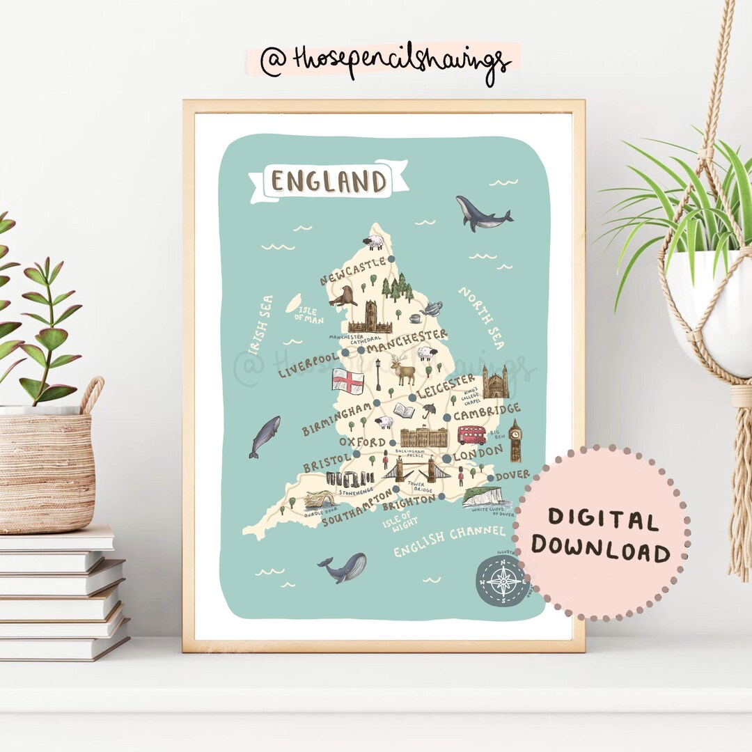 England Map Print | Illustrated British Printable Wall Art | Cute UK ...