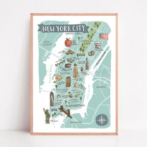 New York City Map Art Print: Illustrated NYC Landmarks Travel Poster - Etsy