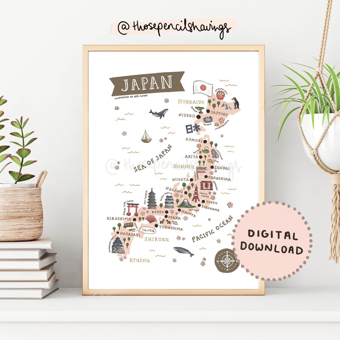Map of Japan Cute Illustrated Japan Map Travel Map Gift Educational ...