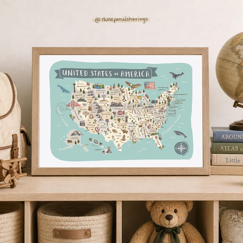 Illustrated USA Map Print | United States Landmarks Travel Wall Art - Etsy