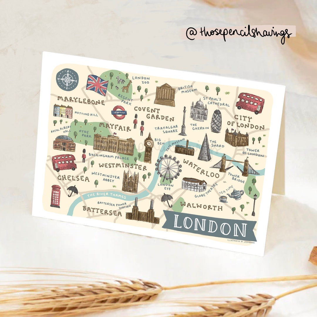 Map of London Greeting Card Cute Illustrated England Map UK Landmarks ...