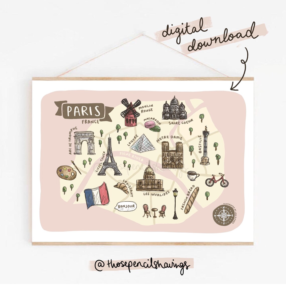 Paris Map Print: Illustrated Landmarks Travel Poster (digital Download ...