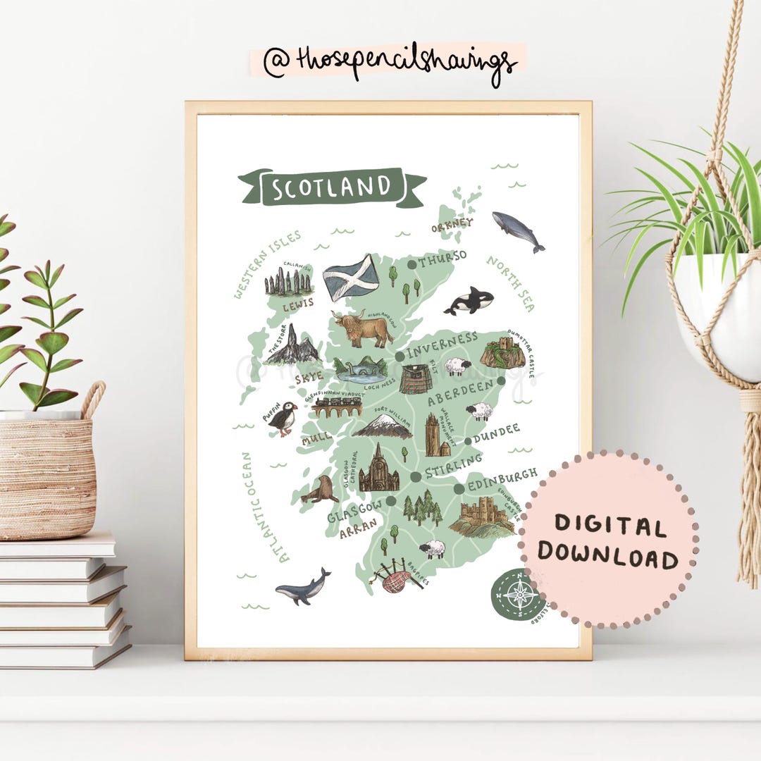 DIGITAL DOWNLOAD | Map of Scotland | Illustrated Scottish Map Print ...