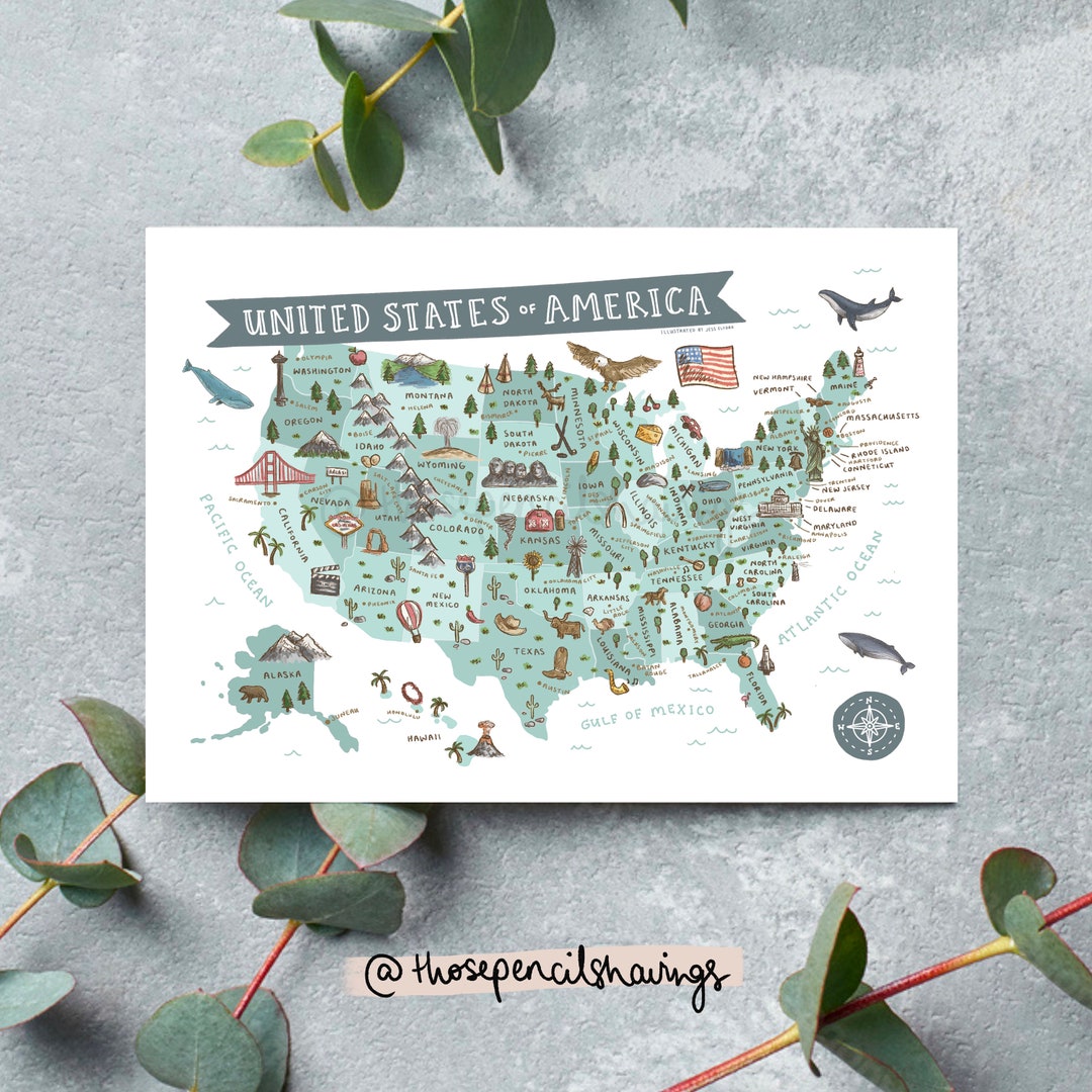 Map of USA Postcard Cute Illustrated United States Map Mini Print ...