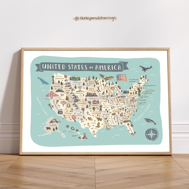 Illustrated USA Map Print | United States Landmarks Travel Wall Art - Etsy