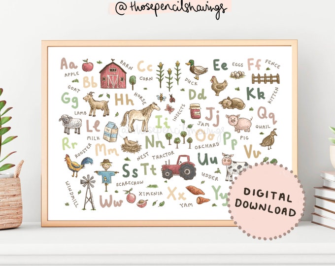 Farm Alphabet Print | Illustrated A-Z Farm Animals Poster | ABC Nursery ...