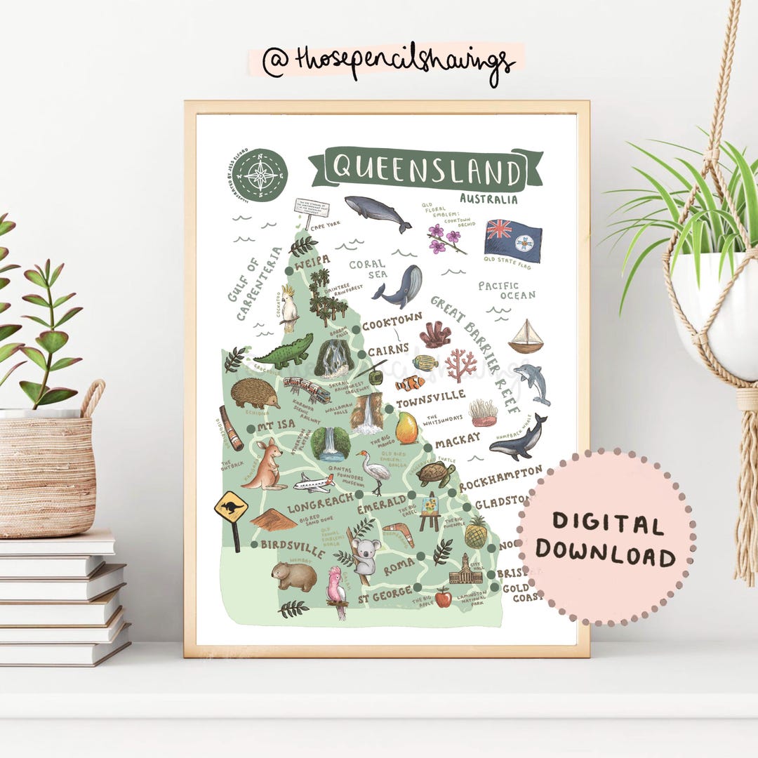 DIGITAL DOWNLOAD | Map of Queensland | Illustrated Australia Map Print ...