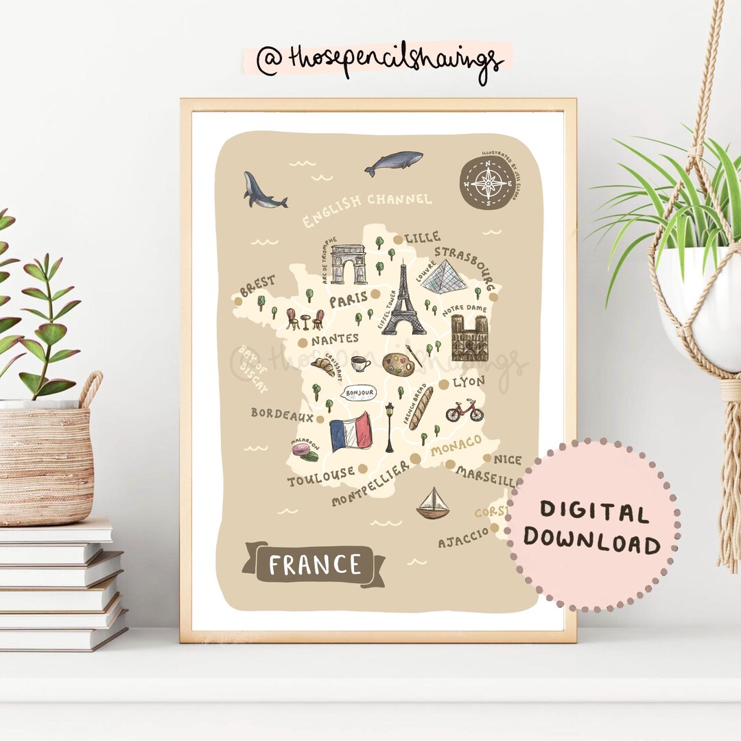 France Map Print: Illustrated Landmarks Travel Poster (digital Download ...
