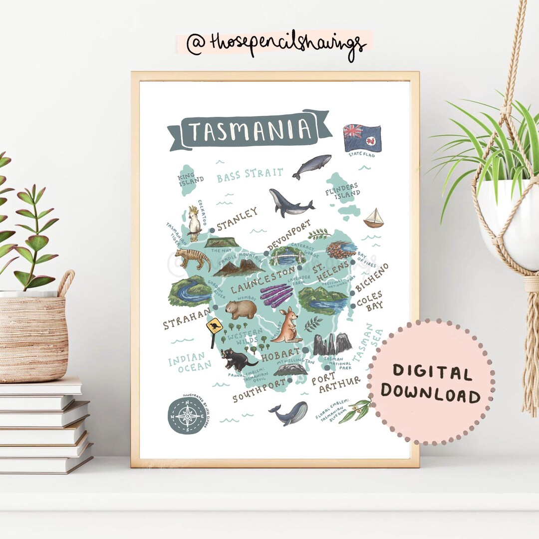 Tasmania Map Print | Illustrated Australia Printable Wall Art | Cute ...