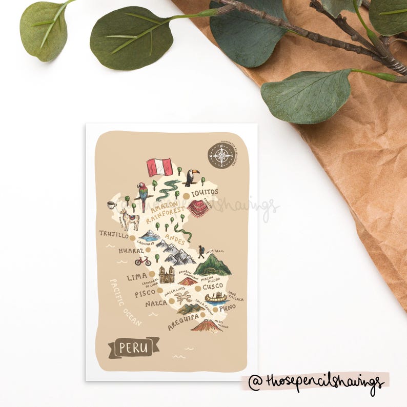 Peru Map Postcard: Illustrated Travel Souvenir - Etsy