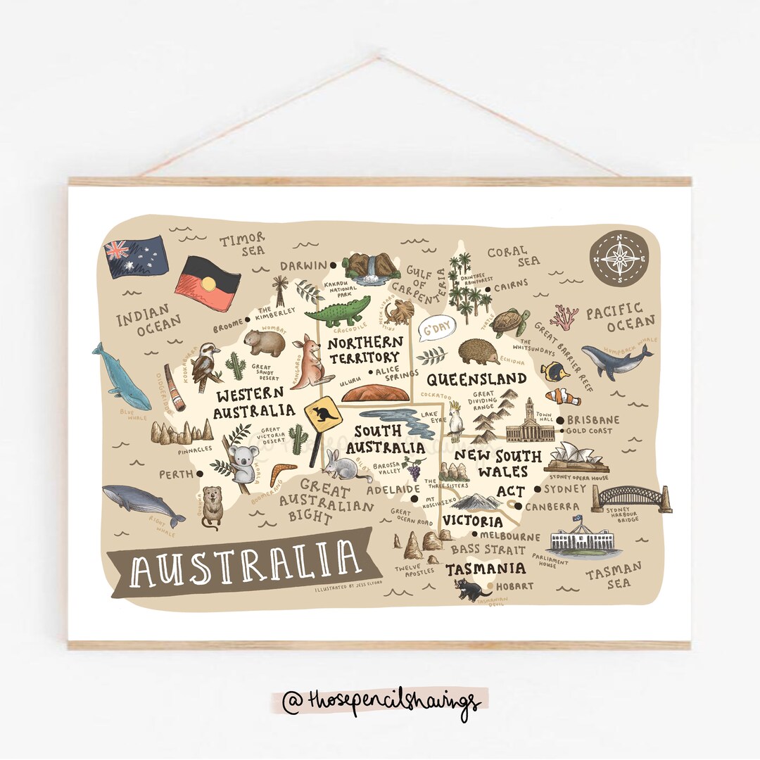 Map of Australia Print Illustrated Australian Landmarks Poster Aussie ...