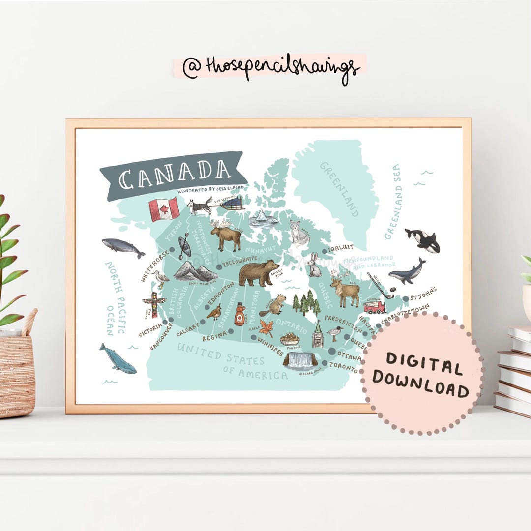 DIGITAL DOWNLOAD Map of Canada Print Illustrated Canadian Landmarks ...
