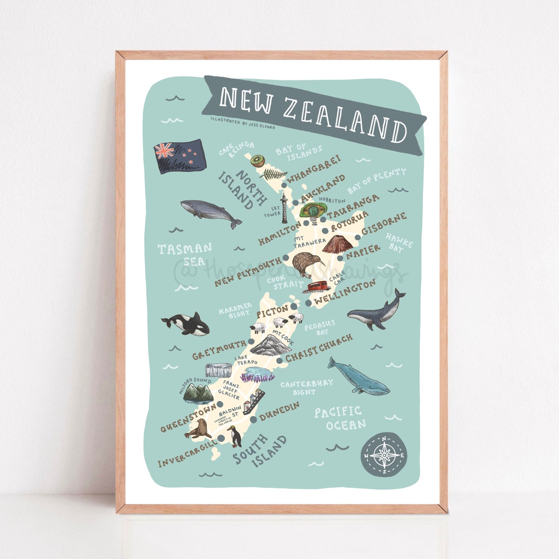 Map of New Zealand Cute Illustrated NZ Map Landmarks Print - Etsy Israel