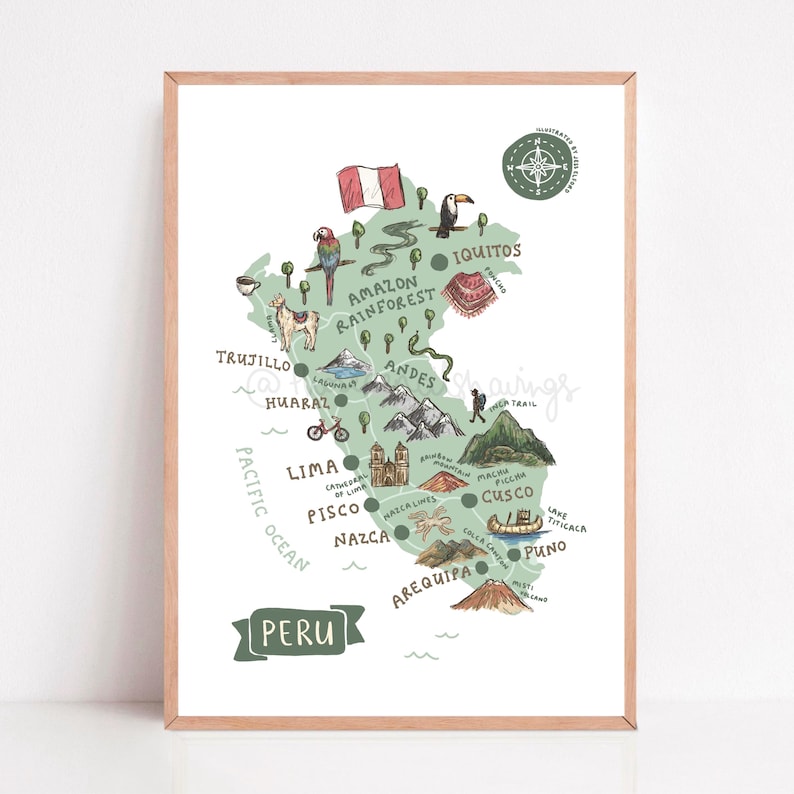 Peru Map Print: Illustrated Travel Poster, Landmarks & Animals (digital ...