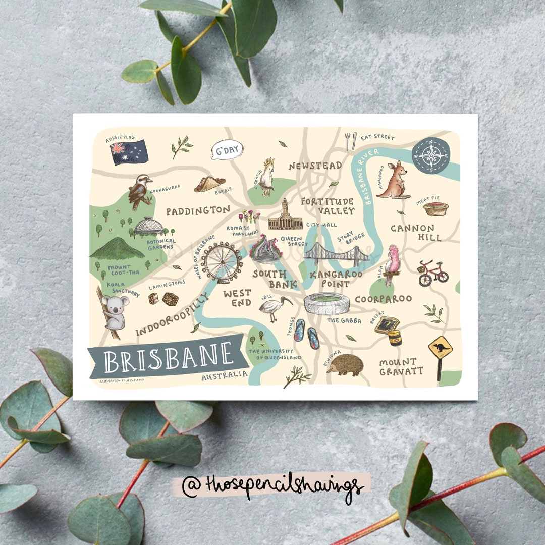Map of Brisbane, Australia Postcard Cute Illustrated Australia Map ...