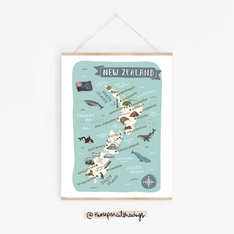 New Zealand Map Print: Illustrated NZ Landmarks & Animals (digital ...