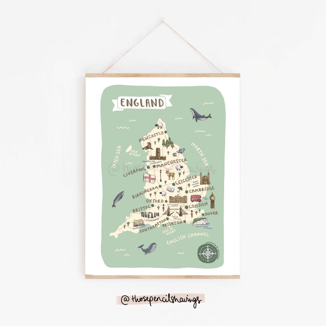 England Map Poster | Illustrated British Travel Print | Cute Landmarks ...