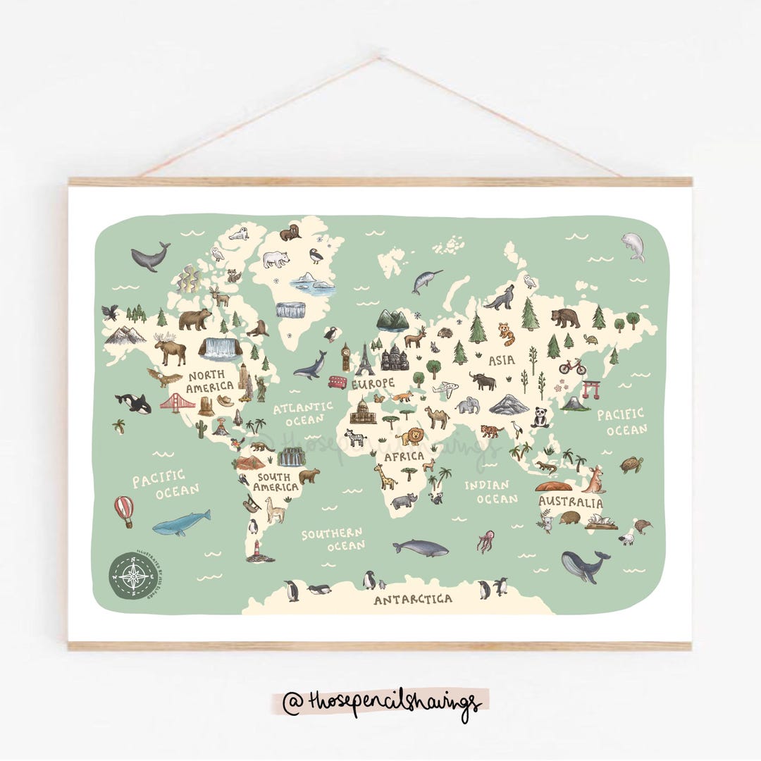 Illustrated World Map Print: Whimsical Landmarks & Animals - Etsy